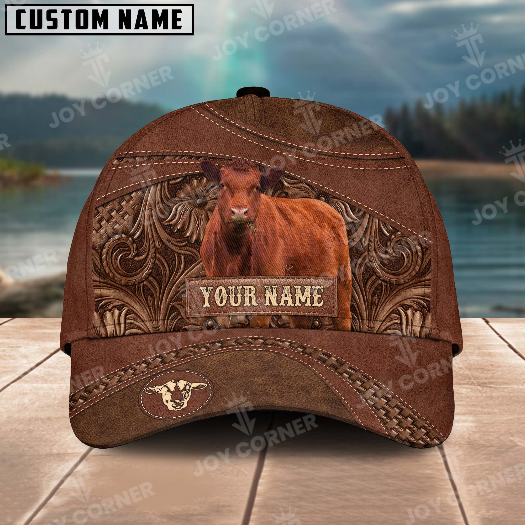 Joycorners Custom Name Red Angus Leather Carving Patterns Cap – Joy Corner