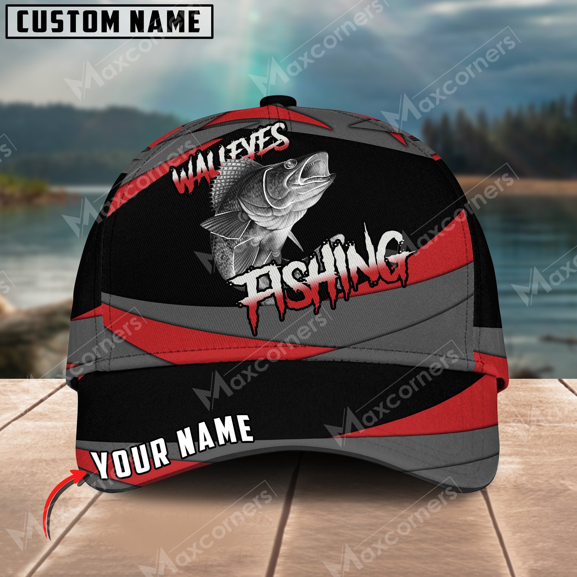 Joycorners Walleye Fishing Red Gray Spinning Pattern Personalized Name ...